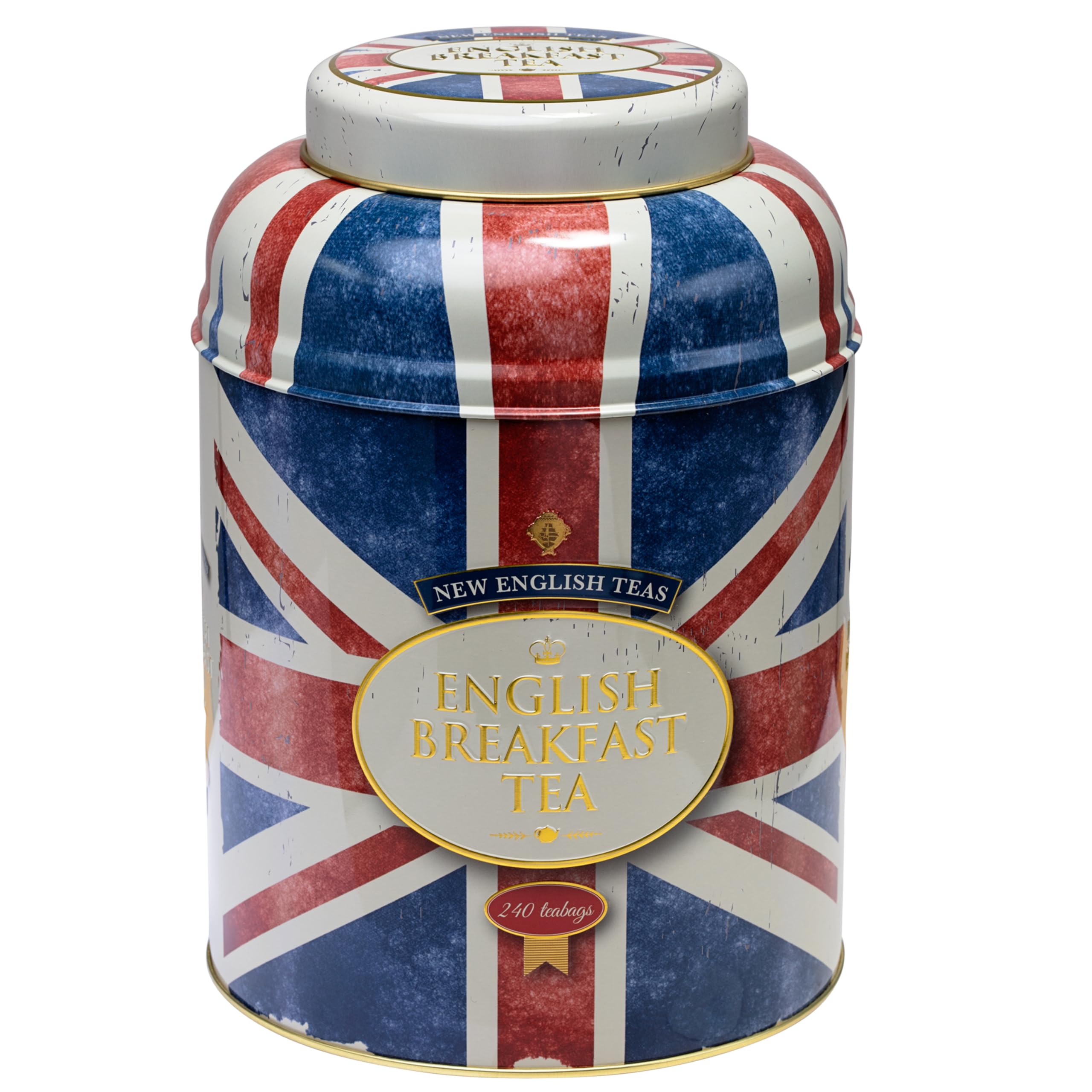New English Teas Union Jack Large Round Tea Caddy with 240 English Bre